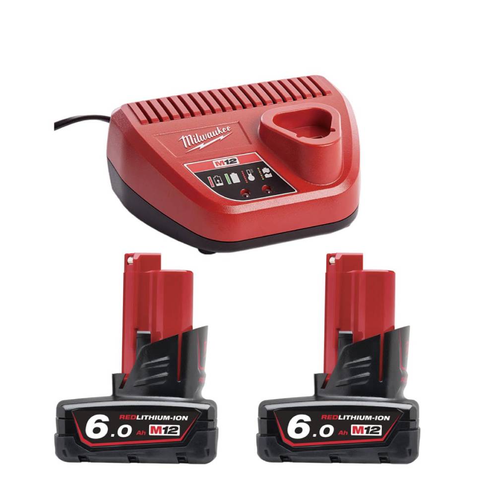 סט 2 סוללת ליתיום 6AH ומטען 12V דגם:MILWAUKEE-P2-12V-6AH - מחסני חשמל